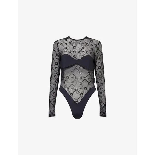MARINE SERRE Moonogram Flock Mesh Bodysuit Top - Black