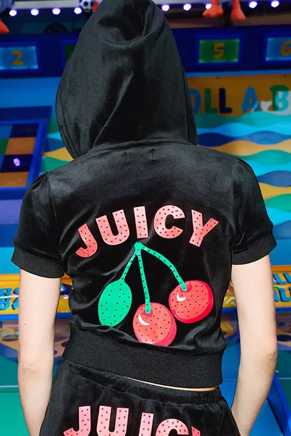 Juicy Couture Cherry Bling Velour Hoodie - Liquorice