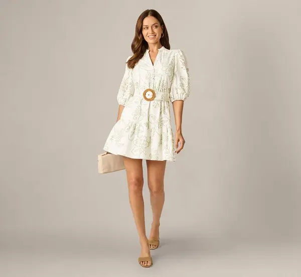 Adrianna Papell Cotton Floral Eyelet Belted Short Dress - Ivory/sage