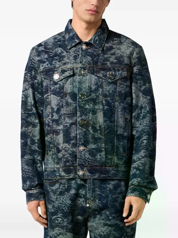 Philipp Plein Skull Print Denim Trucker Jacket