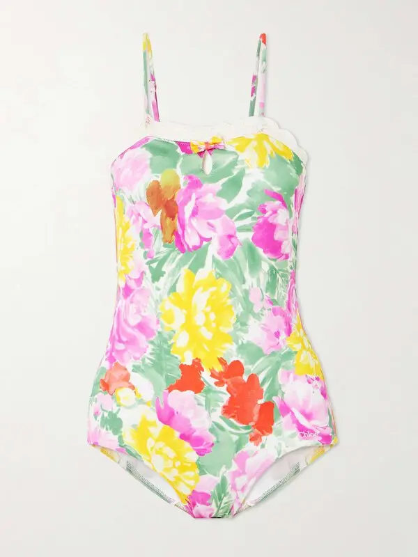 Chloé Lace-trimmed Floral-print Swimsuit - Multi