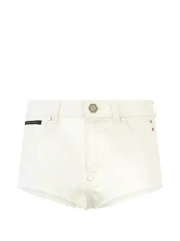 Philipp Plein Frayed Denim Shorts With Embossed Logo Detail - Neutrals