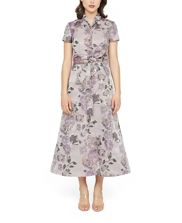 KAY UNGER Floral Metallic Tea Length Dress