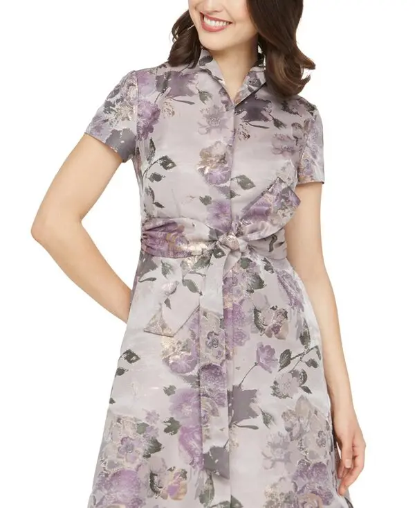 KAY UNGER Floral Metallic Tea Length Dress