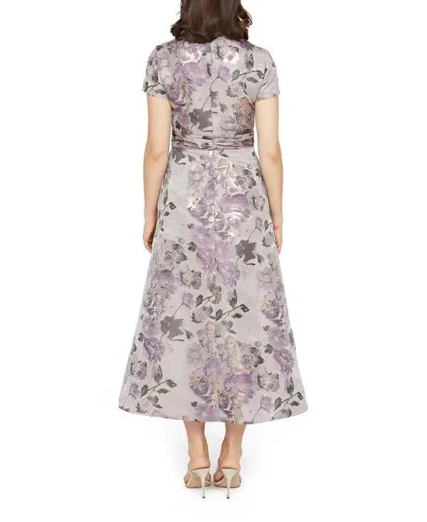 KAY UNGER Floral Metallic Tea Length Dress