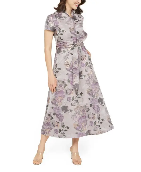 KAY UNGER Floral Metallic Tea Length Dress