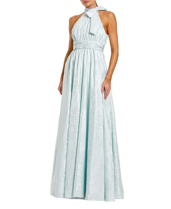 Mac Duggal Sleeveless Halter Neck Brocade Gown With Bow Detail - Powder Blue