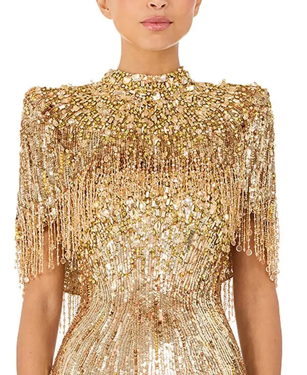 Jenny Packham Ellen Mock Neck Beaded Capelet Top - Illusion