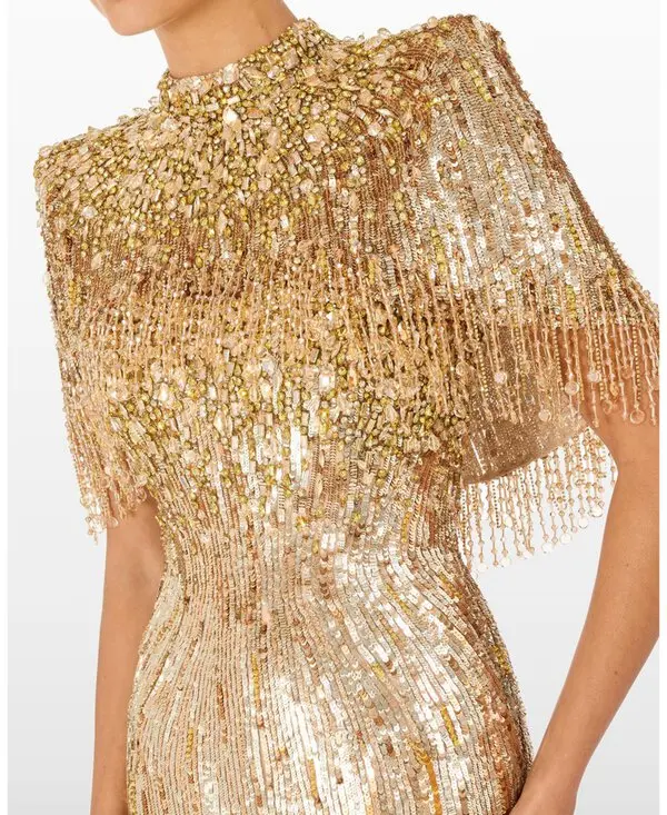 Jenny Packham Ellen Mock Neck Beaded Capelet Top - Illusion