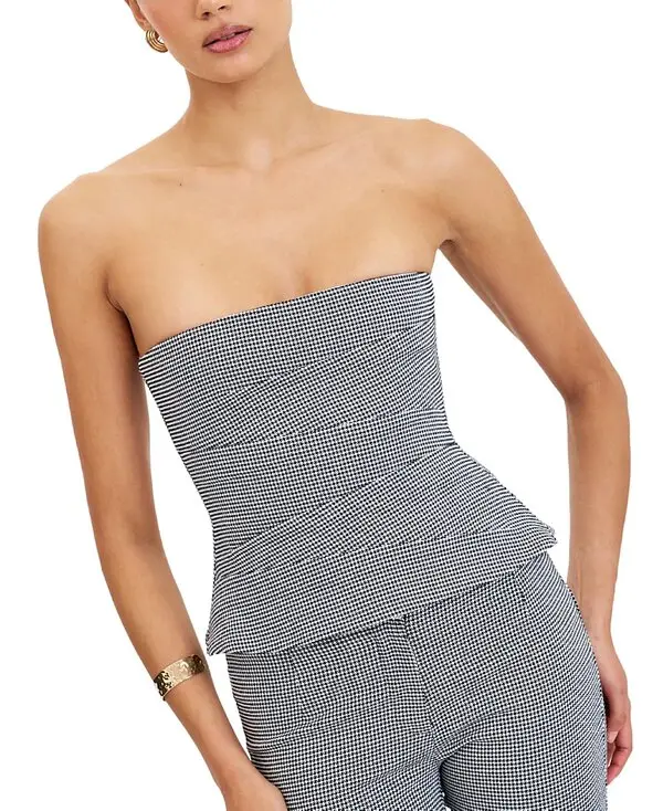 MISS CIRCLE NEW YORK Micro-houndstooth Strapless Peplum Top - Grey