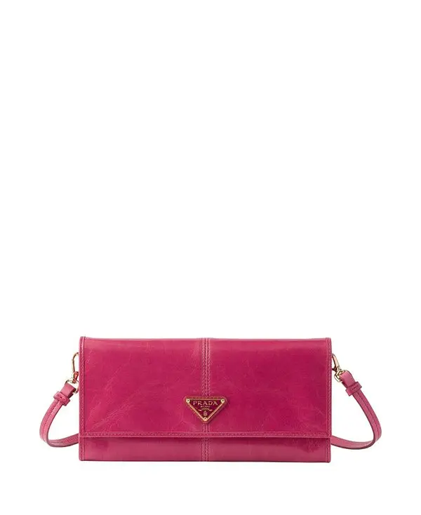 Prada Leather Wallet With Shoulder Strap - Pink