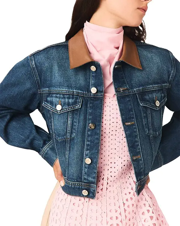 Maje Denim Trucker Jacket With Leather Collar