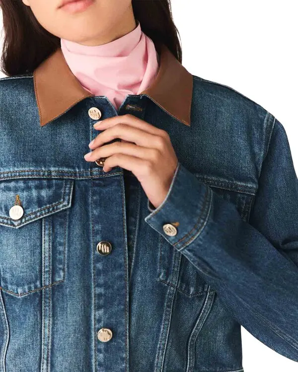 Maje Denim Trucker Jacket With Leather Collar