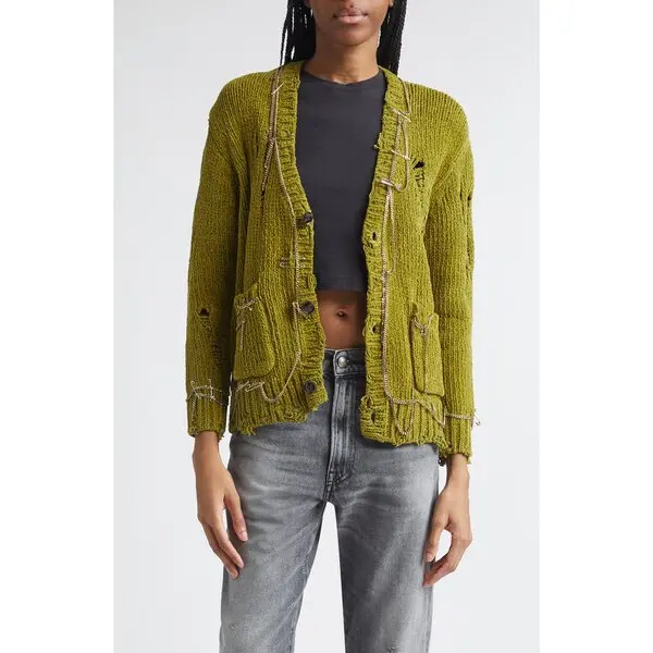 R13 Safety Pin Chain Detail Ripped Cotton Cardigan - Light Green