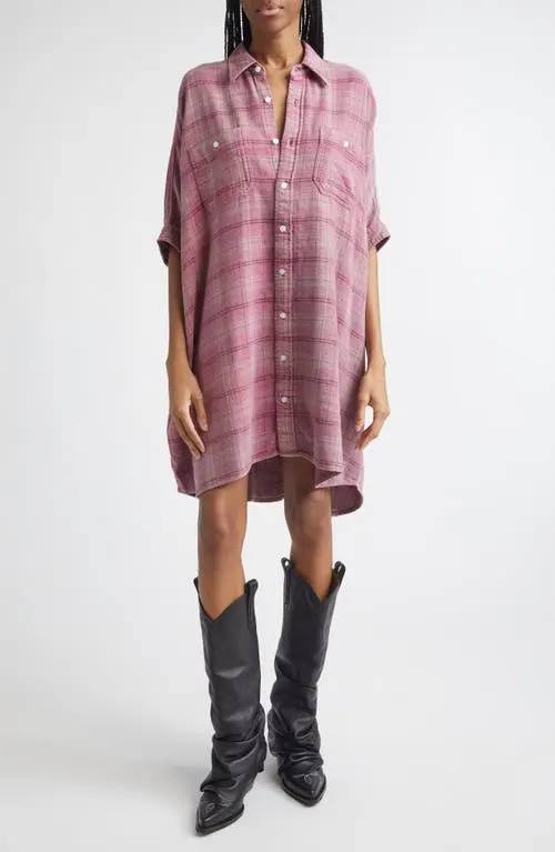R13 Plaid Oversize Boxy Cotton Flannel Shirtdress - Muted Pink Plaid