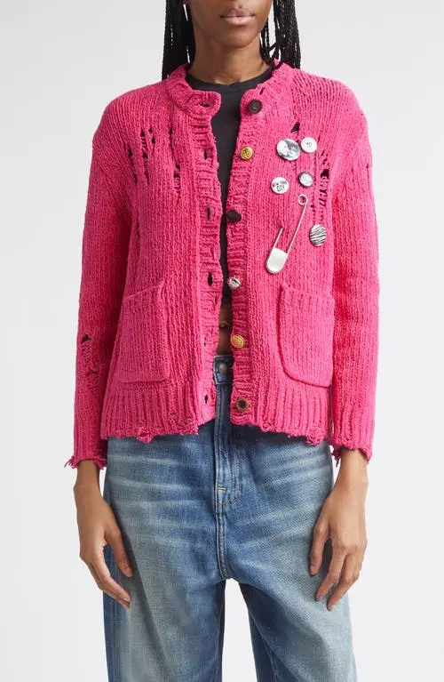 R13 Ripped Cotton Cardigan With Button Detail - Pink