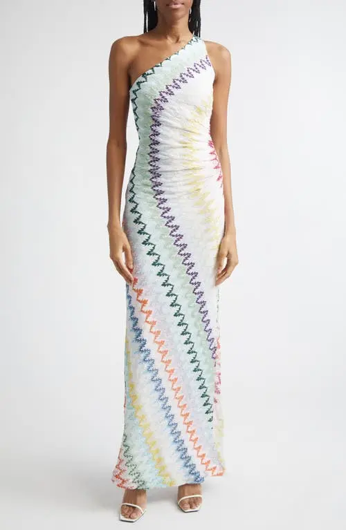Missoni Metallic Zigzag Raschel Knit One-shoulder Dress - Multicolor On White Base