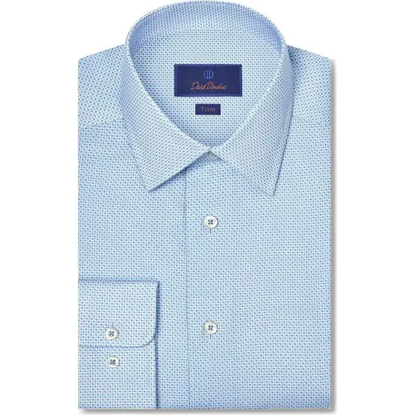 David Donahue Trim Fit Geometric Stretch Cotton Dress Shirt - Sky
