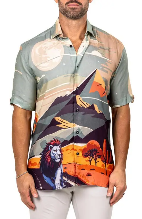 MACEOO Galileo Marthy Short Sleeve Button-up Shirt - Beige/blue Multi