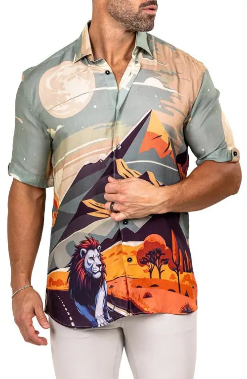MACEOO Galileo Marthy Short Sleeve Button-up Shirt - Beige/blue Multi