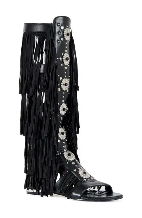 AZALEA WANG Fringe Gladiator Sandals - Black