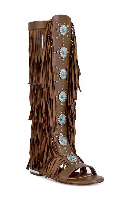 AZALEA WANG Fringe Gladiator Sandals - Brown