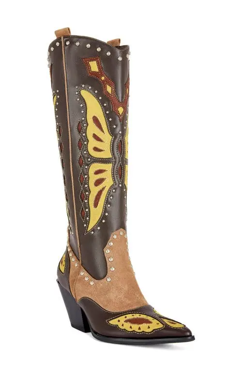 AZALEA WANG Flutter Knee High Western Boot - Brown Multi