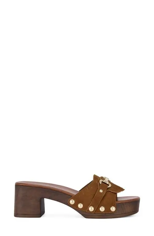 AZALEA WANG Suede Platform Sandal With Studs And Horsebit Hardware - Brown