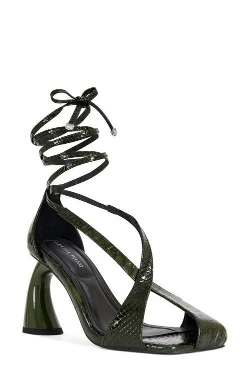 AZALEA WANG Snakeskin Embossed Ankle Wrap Sandal - Olive