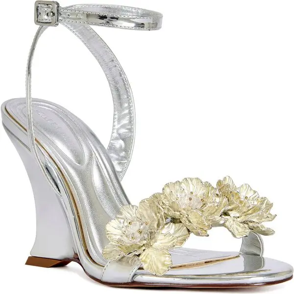 AZALEA WANG Winters Ankle Strap Wedge Sandal - White/silver