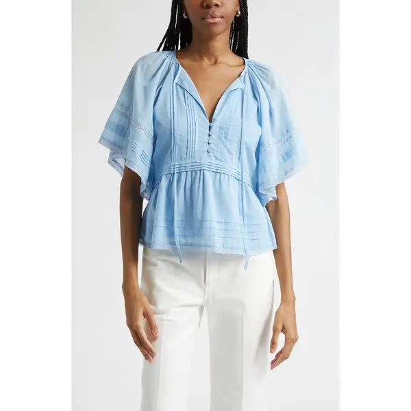 Ramy Brook Sherry Pintuck & Lace Detail Cotton Top - Bazaar Blue