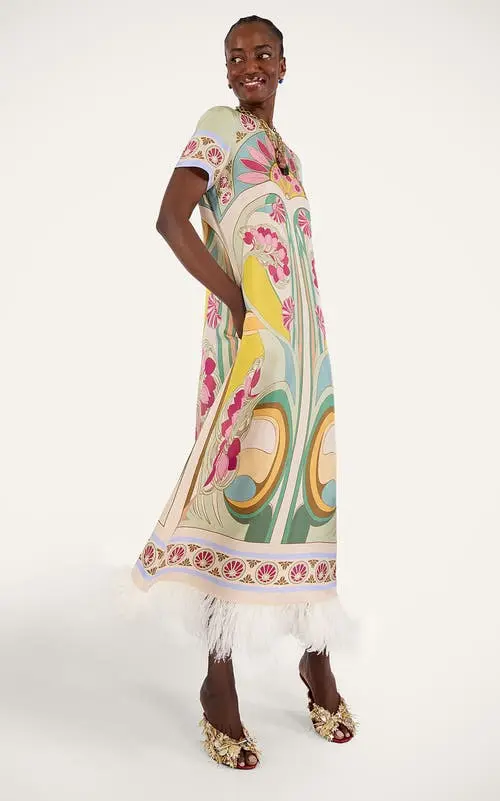 La DoubleJ Silk Twill Swing Dress With Feather Trim - Tulip Placée Green