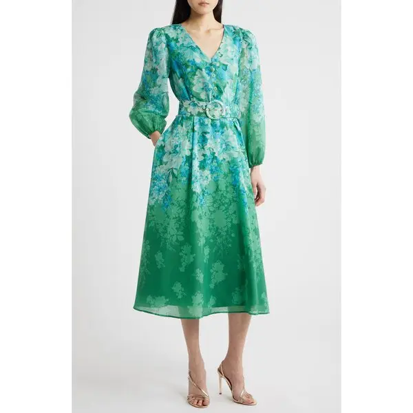 TAHARI ASL Floral Belted Long Sleeve Midi Dress - Green