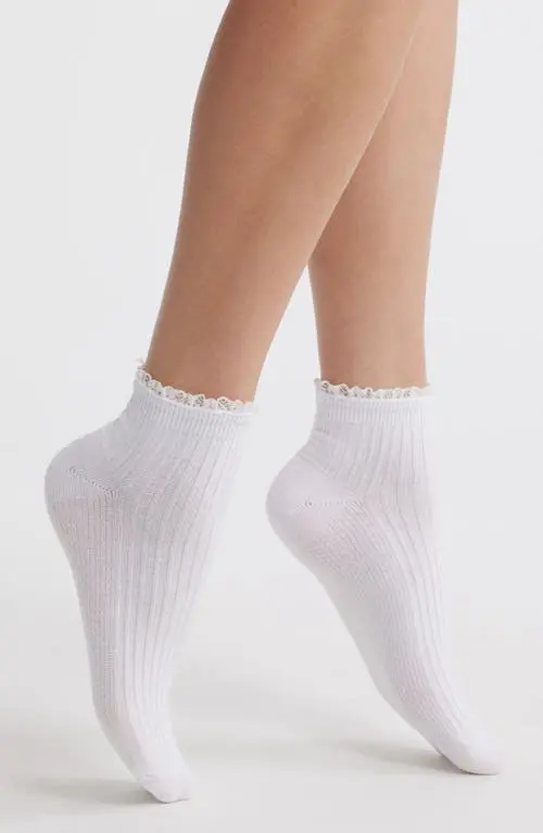 MUK LUKS Lace Trim Ribbed Quarter Socks - White