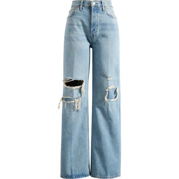 RE/DONE High-waist Ripped And Repaired Wide Leg Jeans - Age Worn Blue