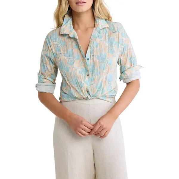 NZ BY NIC AND ZOE Floral Print Crinkle Cotton Shirt - Aqua Multi