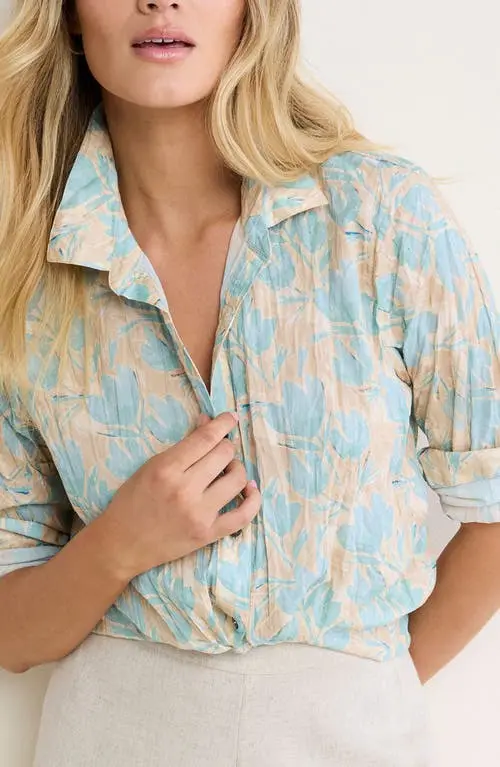 NZ BY NIC AND ZOE Floral Print Crinkle Cotton Shirt - Aqua Multi