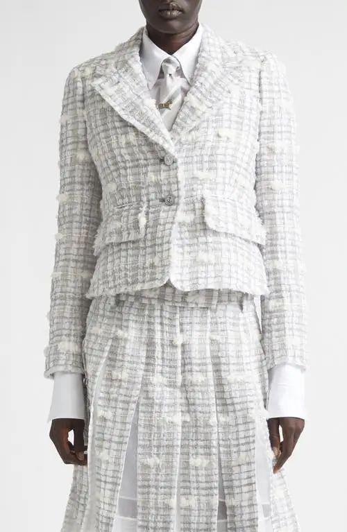 Thom Browne Crop Sculpted Shoulder Pouf Tweed Jacket - Medium Grey