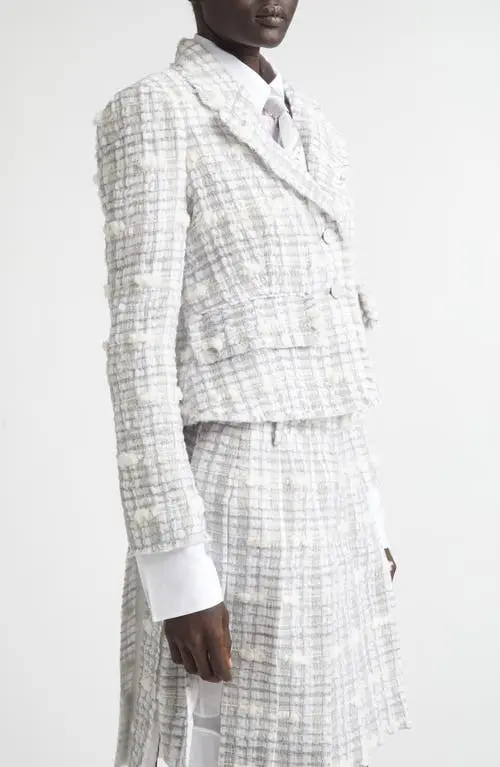 Thom Browne Crop Sculpted Shoulder Pouf Tweed Jacket - Medium Grey