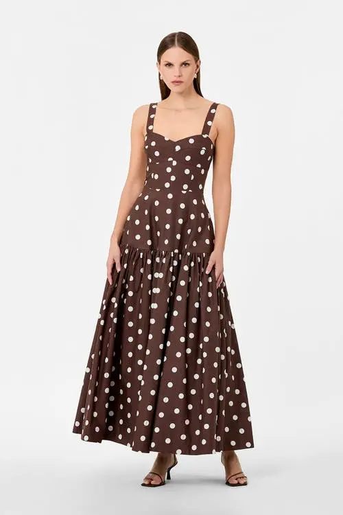 NICHOLAS Valeria Midi Dress - Mocha Polka Dot