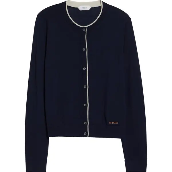 Versace Tipped Wool Blend Cardigan - Navy
