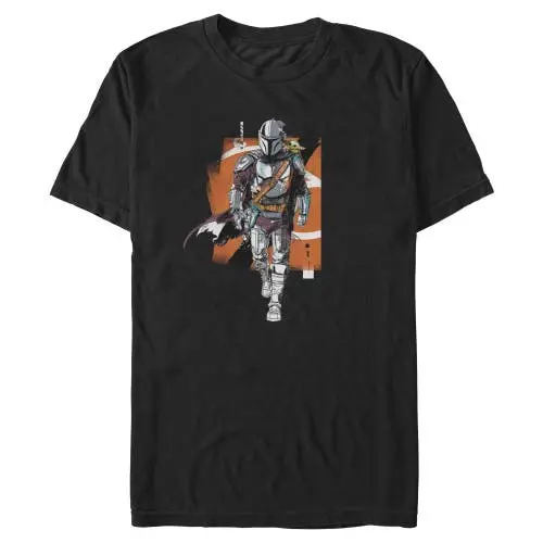 STAR WARS: THE MANDALORIAN AND GROGU Artistic Mando And The Child Pose Short Sleeve Graphic T-shirt - Black
