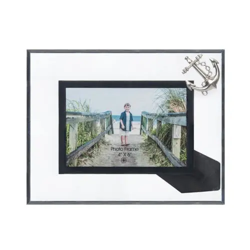 BEACHCOMBERS Glass 4x6 Photo Frame With Pewter Anchor - Black