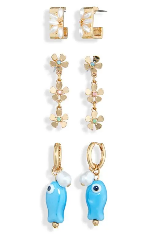 Bp. Fish Hoop & Drop Earring Set Of 3 - Gold Multi