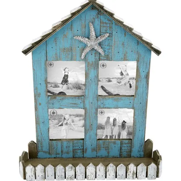 BEACHCOMBERS Teal Coastal Beach House 3x3 4-section Wooden Photo Picture Frame - Blue