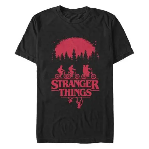 STRANGER THINGS Biking In Upside Down Logo Silhouettes Graphic T-shirt