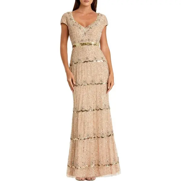 Mac Duggal Beaded Sweetheart Cap Sleeve Tiered Gown