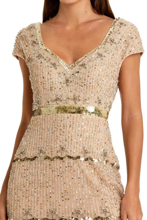 Mac Duggal Beaded Sweetheart Cap Sleeve Tiered Gown - Nude