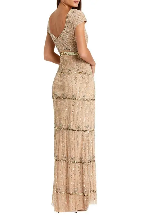 Mac Duggal Beaded Sweetheart Cap Sleeve Tiered Gown - Nude
