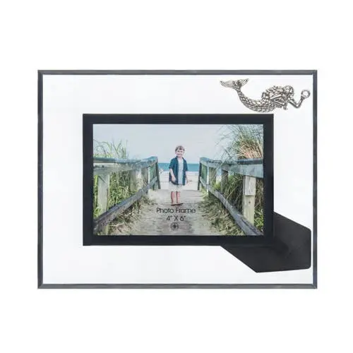 BEACHCOMBERS Glass 4x6 Photo Frame With Pewter Mermaid - White